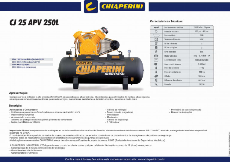 Ficha Tecnica CJ 25 Apv 250l-Chiaperini | PDF