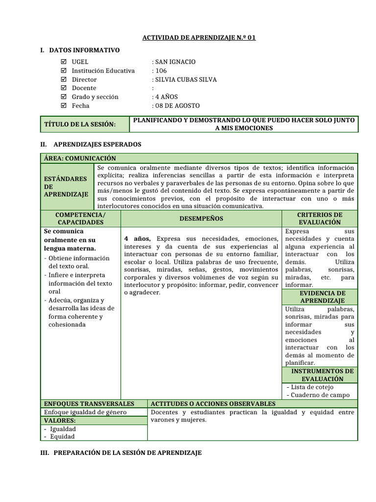 Semana 1 Sesiones Inicial Unidocente - Agosto (1) Nory | PDF | Evaluación | Aprendizaje