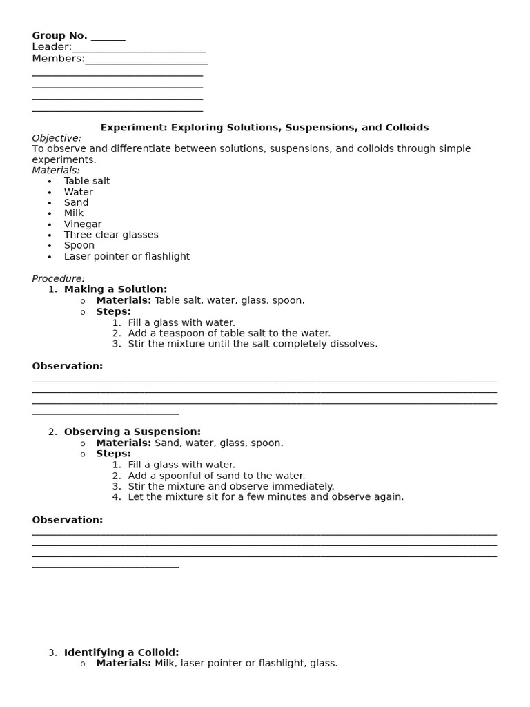 Solution, Suspension, Colloids Activity | PDF | Spoon | Suspension ...