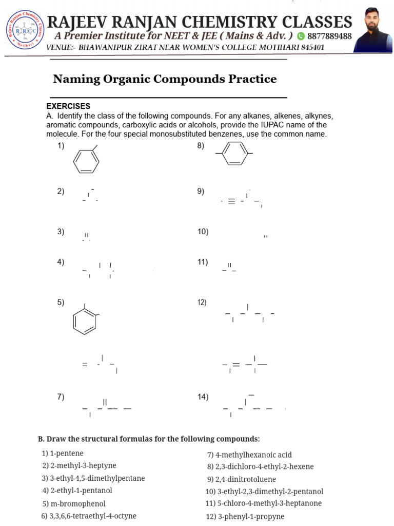 Naming Organic Compounds Practice | PDF | Methyl Group | Chemical Compounds