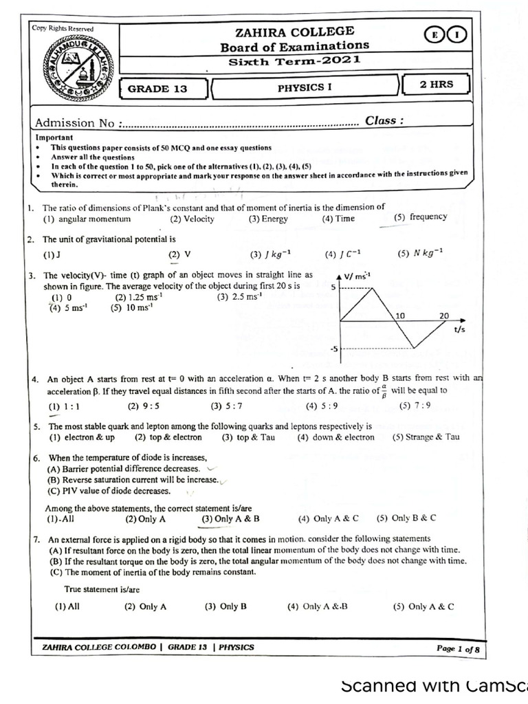 Zahira Collage Physics 3rd Term Test Paper 2021 Grade 13 English Medium ...