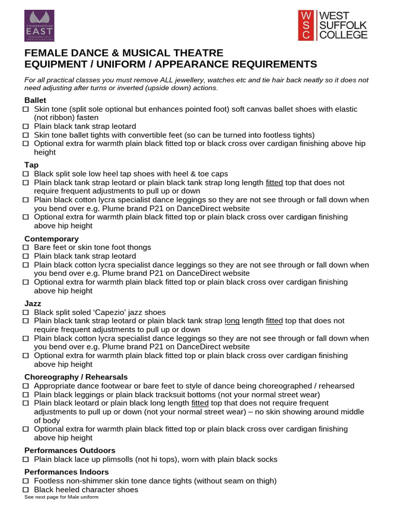 Uniform Equipment For Dance and Musical Theatre New Intake 2020 | PDF ...