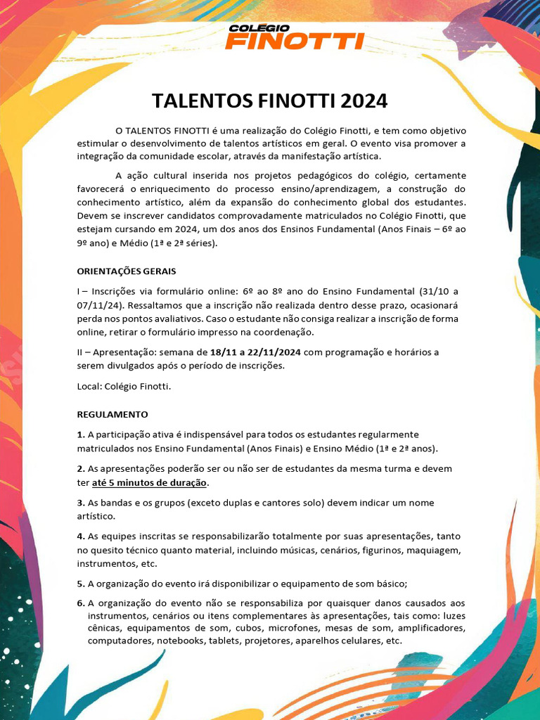 Talentos Finotti 2024: Inscrições e Regulamento | PDF