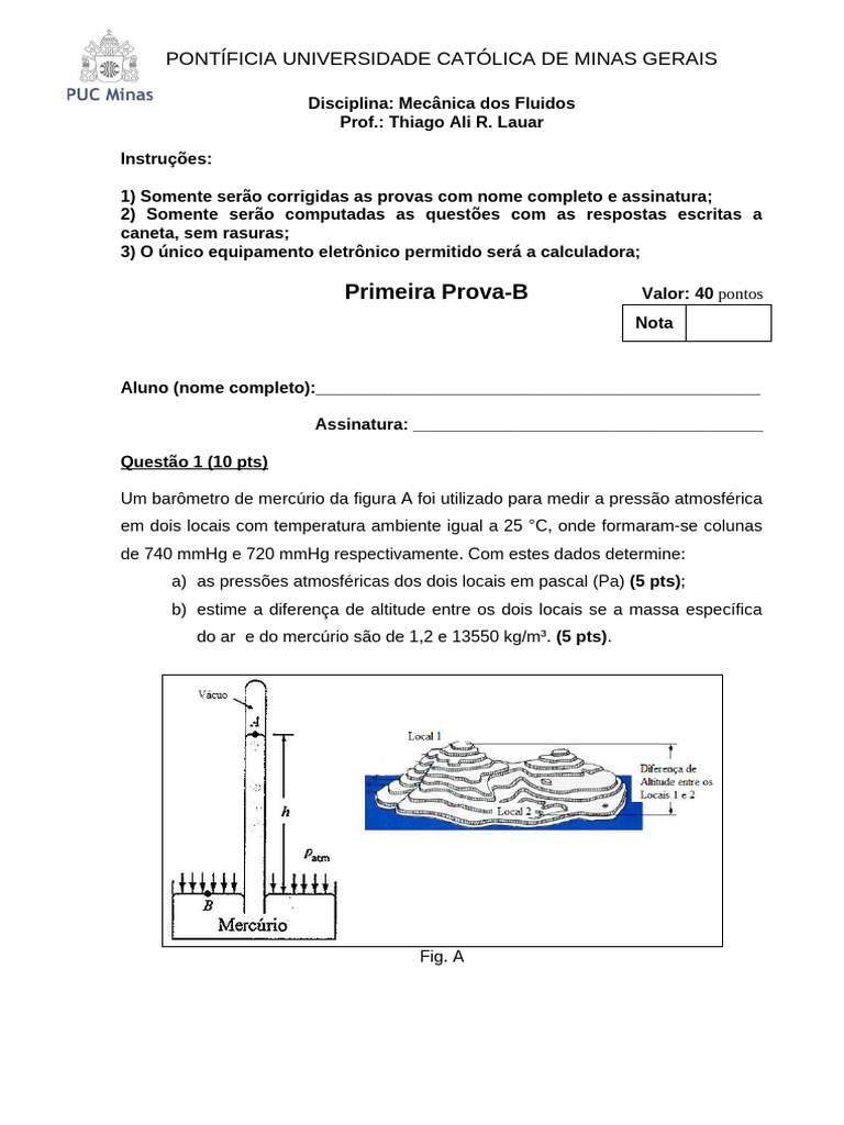 Prova_1B_MecFlu | PDF | Pressão | Massa
