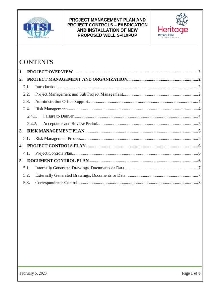 Project Management Plan for Well S-419PUP | PDF | Risk | Project Management