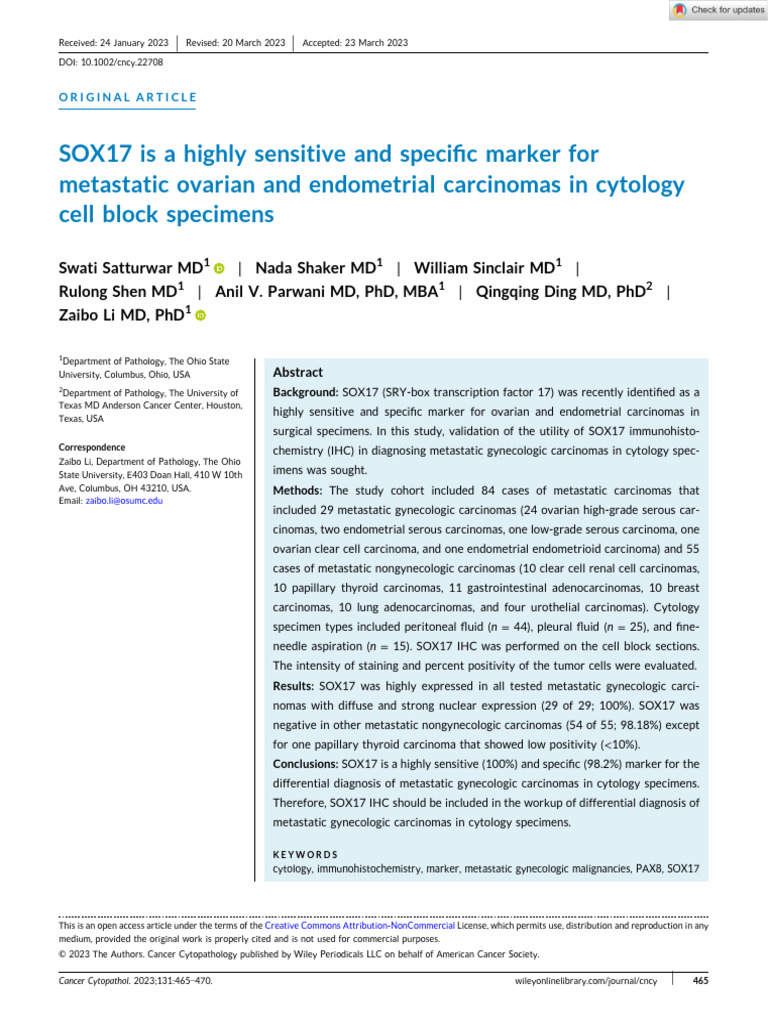 Cancer Cytopathology - 2023 - Satturwar - SOX17 is a Highly Sensitive ...