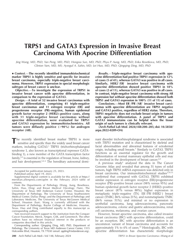 TRPS1 and GATA3 Expression in Invasive Breast Carcinoma With Apocrine ...