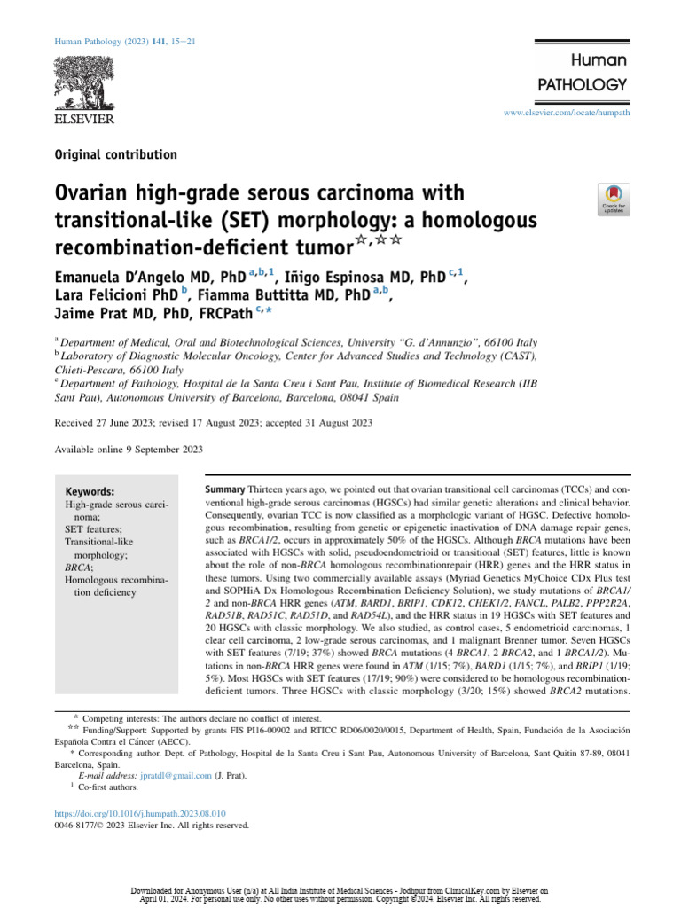 Ovarian High-Grade Serous Carcinoma With Transitional-Like (SET ...