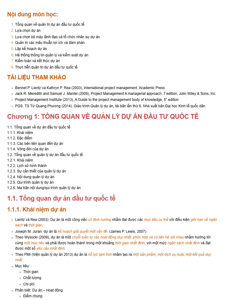 Ôn tập cuối kỳ Quản trị dự án đầu tư quốc tế FTU | PDF
