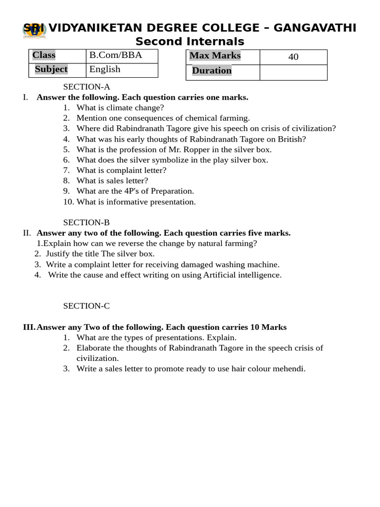 BcomBBA SEM III 2nd Internal English | PDF