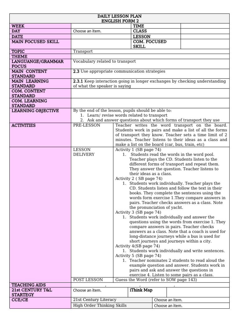 Unit 7: Transport Vocabulary Lesson | PDF | Lesson Plan | Teachers