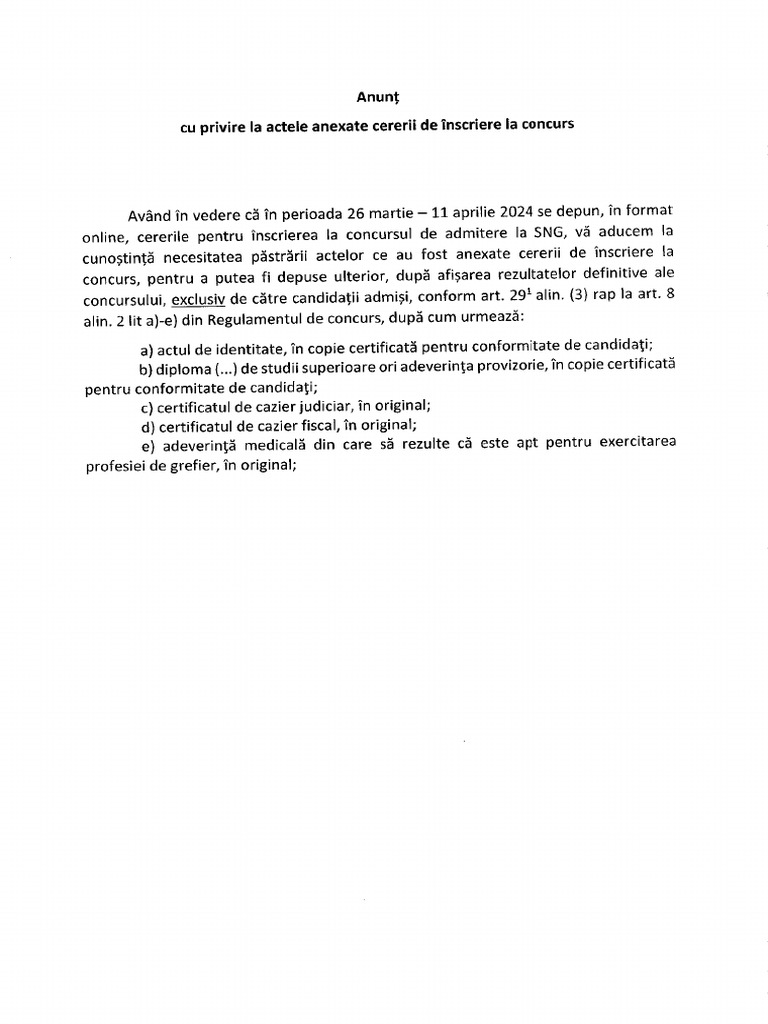 Anunt Cu Privire La Actele Anexate Cererii de Inscriere La Concurs 2024-03-25 (2) | PDF