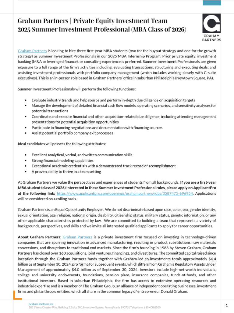 Graham Partners - Private Equity Investment Team - 2025 Summer ...