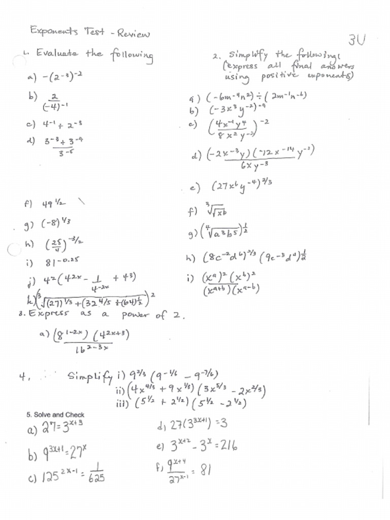 Exponents Test Review | PDF
