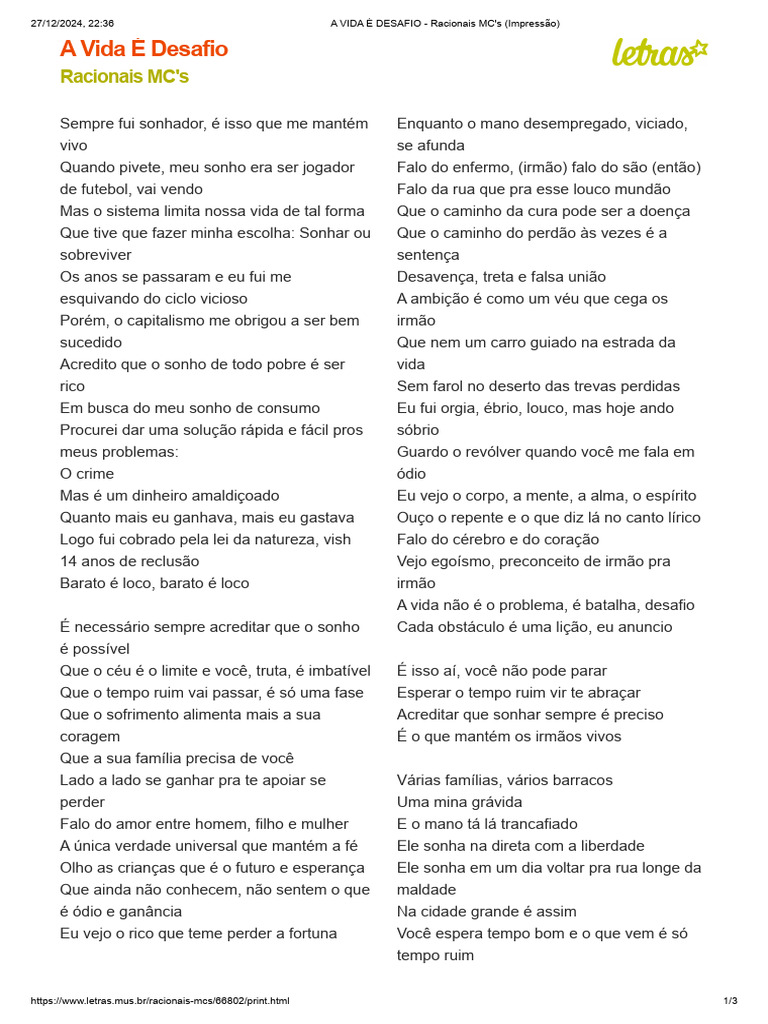 A VIDA É DESAFIO - Racionais MC's (Impressão) | PDF