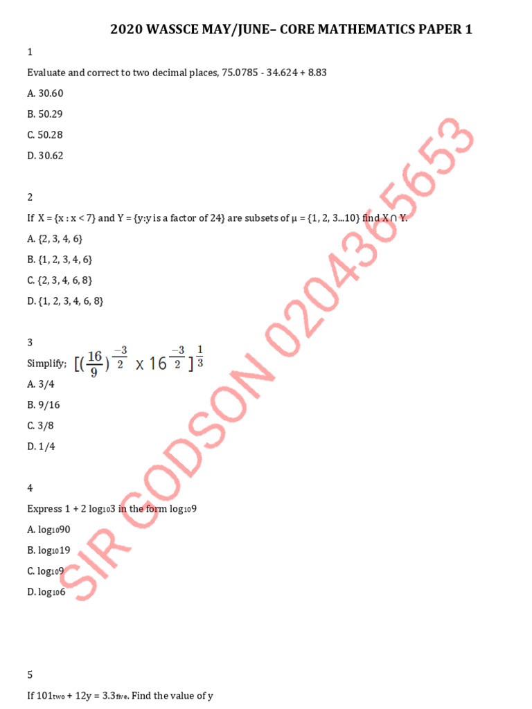 2020 Wassce - Core Mathematics Paper 1 | PDF | Mathematics