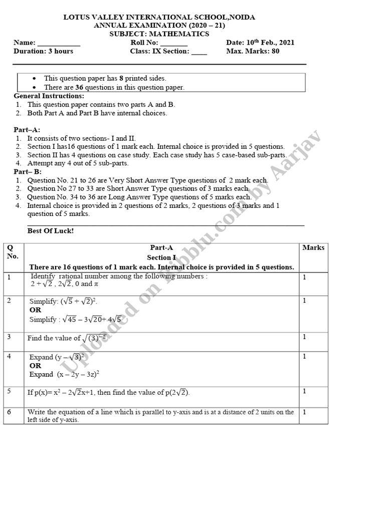 Class 9 Maths Question Paper Annual Exam 2021 Lotus Valley International School | PDF ...