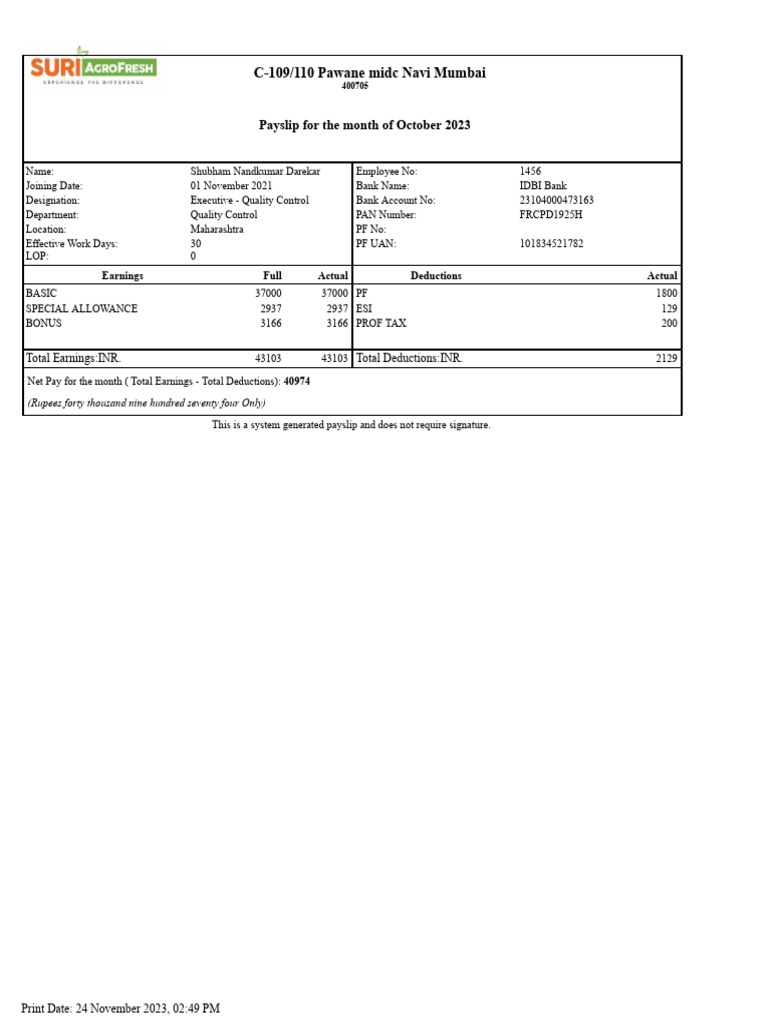 Payslip October - 2023 | PDF