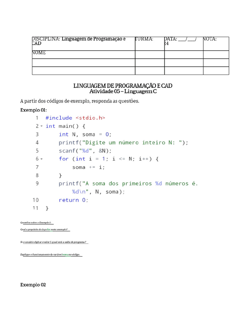 Atividade 05 - Linguagem C | PDF