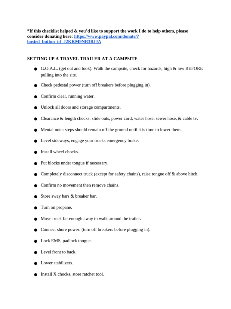 Travel Trailer Setup Checklist | PDF