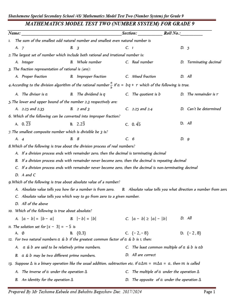 Grade 9 Math Practice Worksheets | PDF | Division (Mathematics) | Numbers