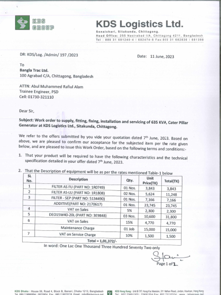 Work Order For Generator Servicing | PDF