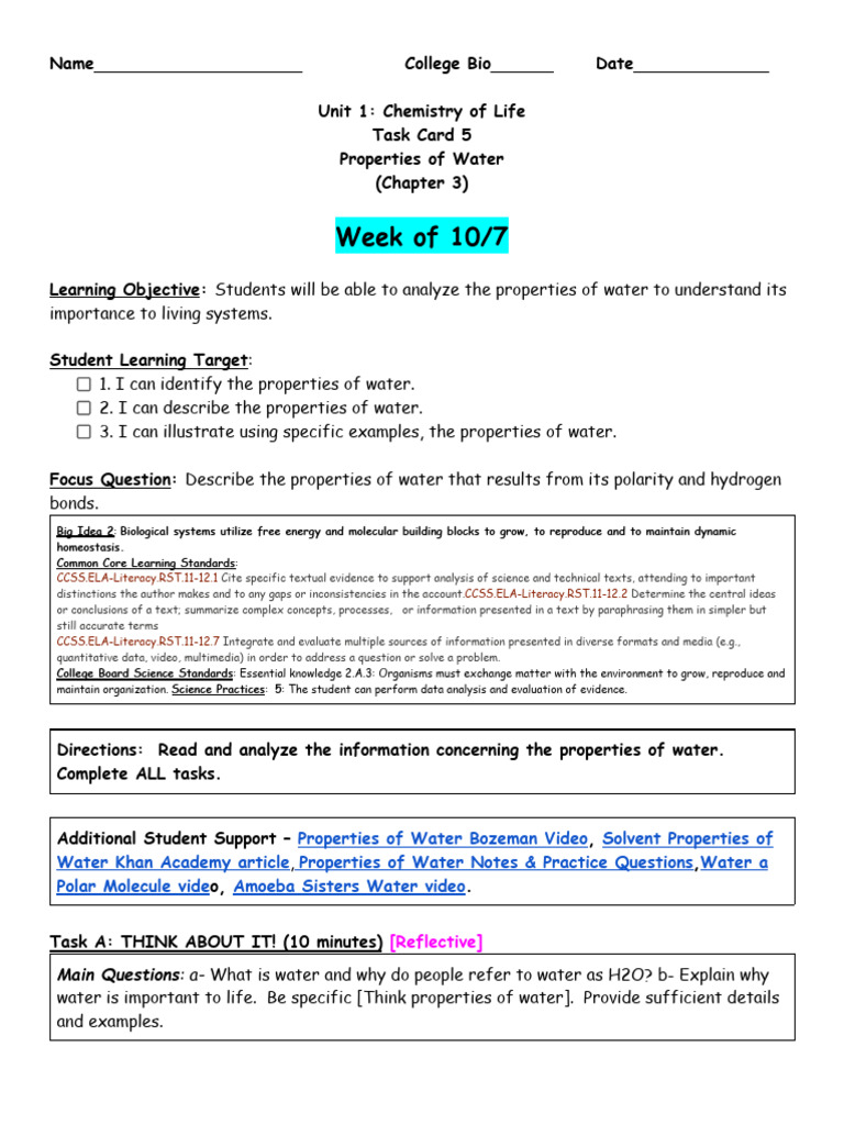Oliver Benn - Lesson 5 (C. Bio) - Properties of Water (2024) | PDF ...