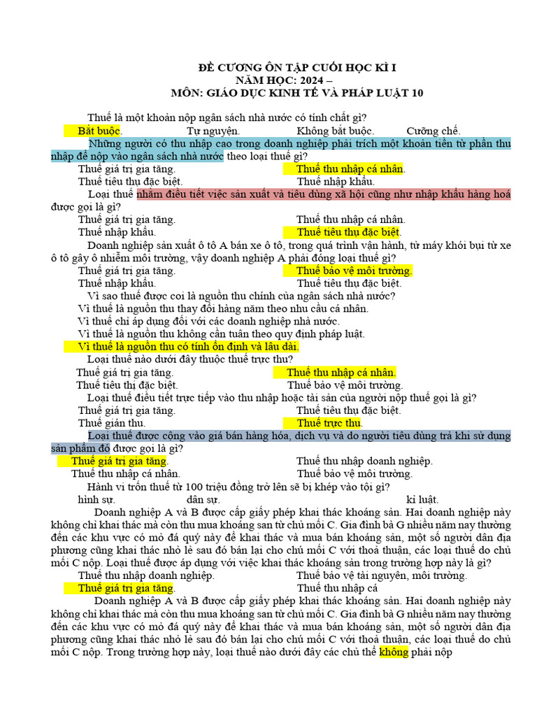 De Cuong On Tap HKI Mon GD KT Va PL 10 Nam Hoc 2024-2025 4d8ff | PDF