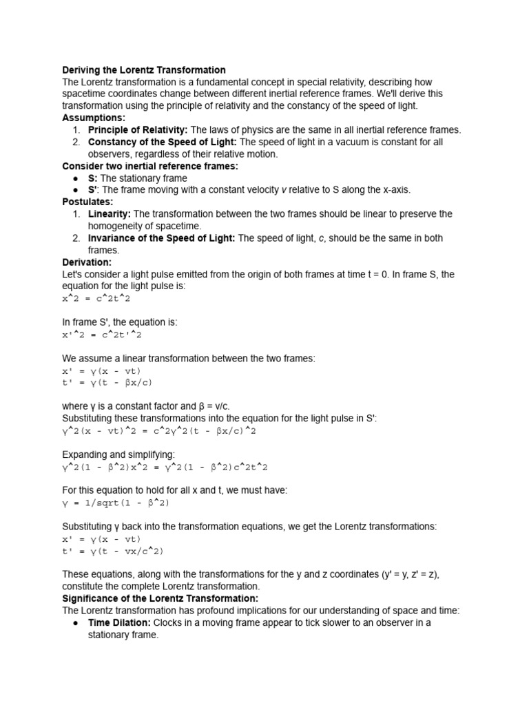 Lorentz Transformation Derivation | PDF | Special Relativity | Speed Of Light