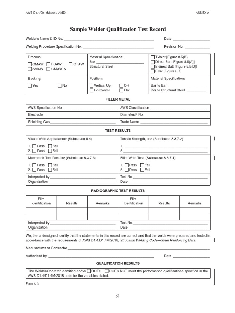 Welder Qualification Test Record Form | PDF | Welding | Construction