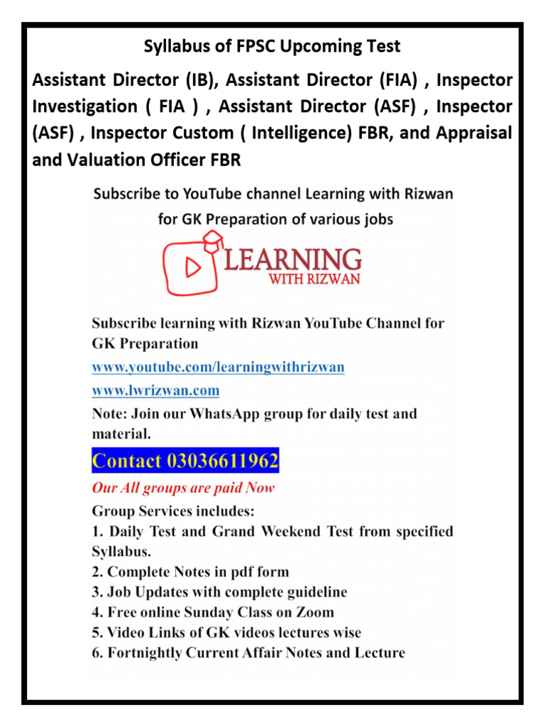 Syllabus of FPSC Upcoming Test | PDF