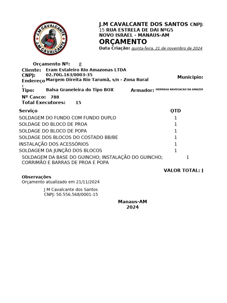 Orçamento Balsa Graneleira Box 788 | PDF