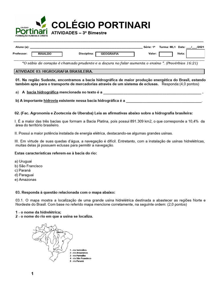 Atividade 3 - 1o Ano - Hidrografia Brasileira.doc | PDF | Geociências | Hidrologia