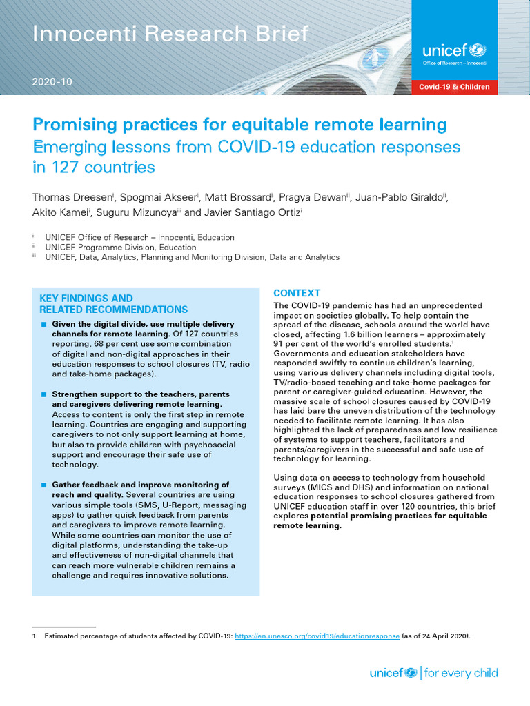 UNICEF IRB Promising Practices Equitable Remote Learning 2020 | PDF | Distance Education | Teachers