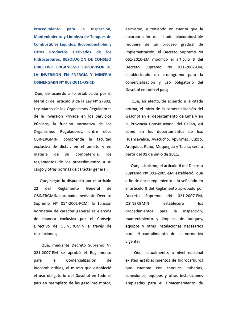 Resolución de Consejo Directivo OSINERG No 063 | PDF | Biocombustible ...