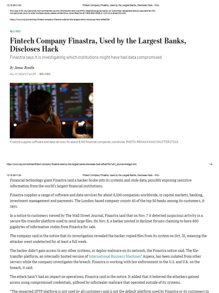 Fintech-Company-Finastra-Used-by-the-Largest-Banks-Discloses-Hack-WSJ (1) | PDF | The Wall ...