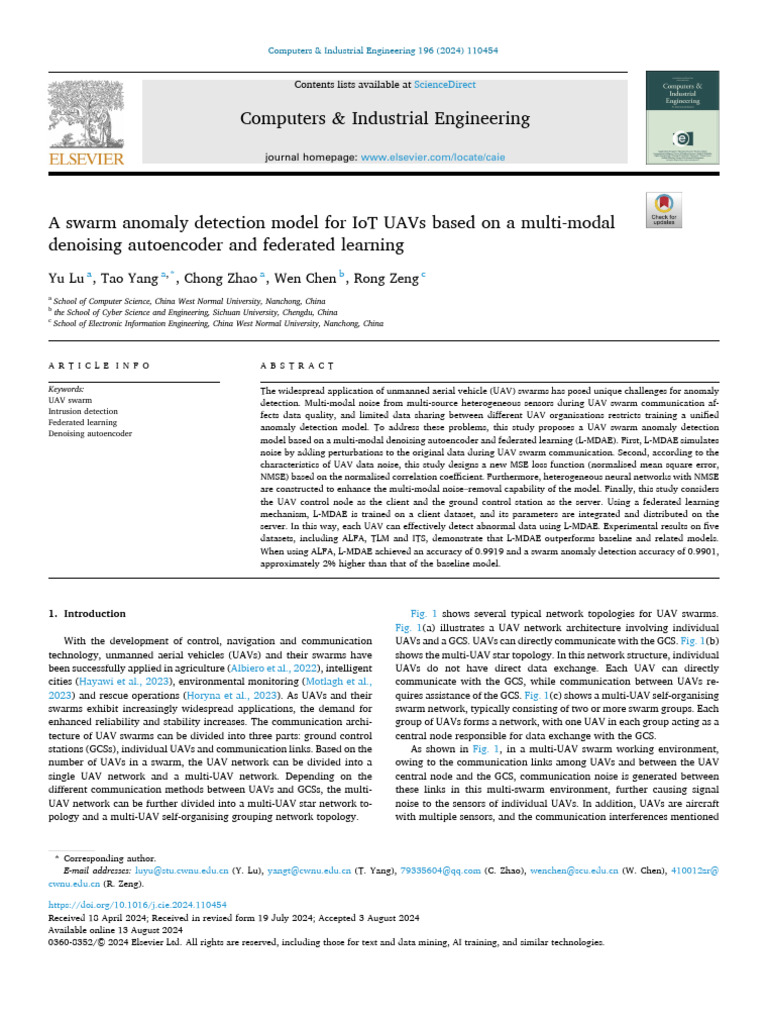 A Swarm Anomaly Detection Model For Iot Uavs Based On A Multi Modal Denoising Autoencoder And