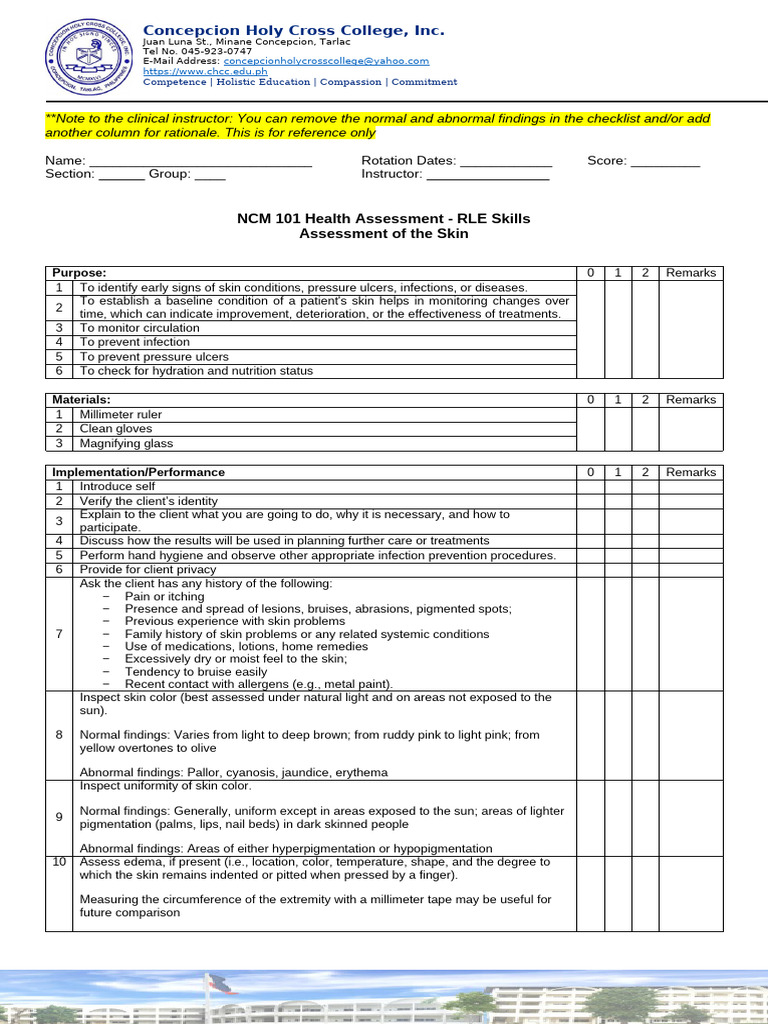NCM101-Healh Assessment (Assessment of The Skin - Checklist) | PDF ...