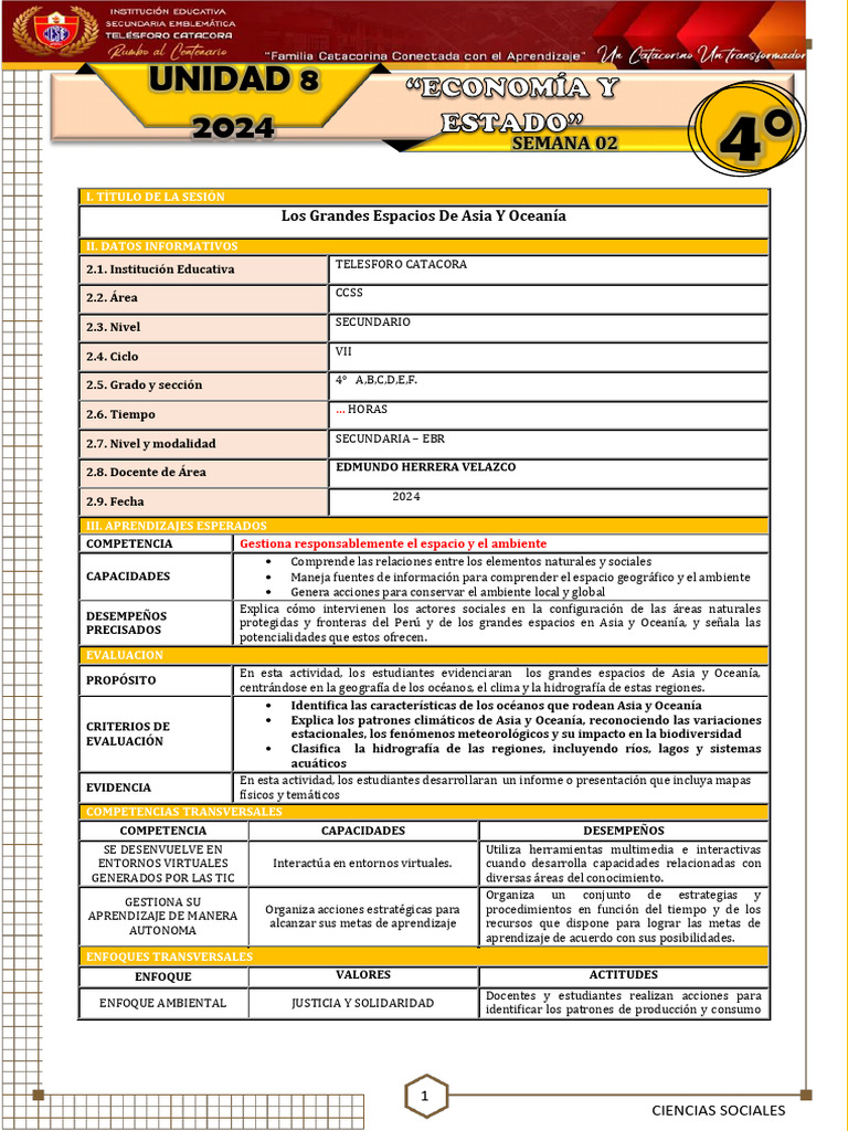 4º Sesiones Sem 2 Uni 8 - CCSS 2024 | PDF | Maestros | Aprendizaje