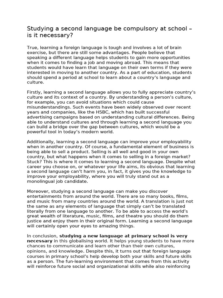 Essay - Should Studying A Second Language Be Compulsory in Primary ...