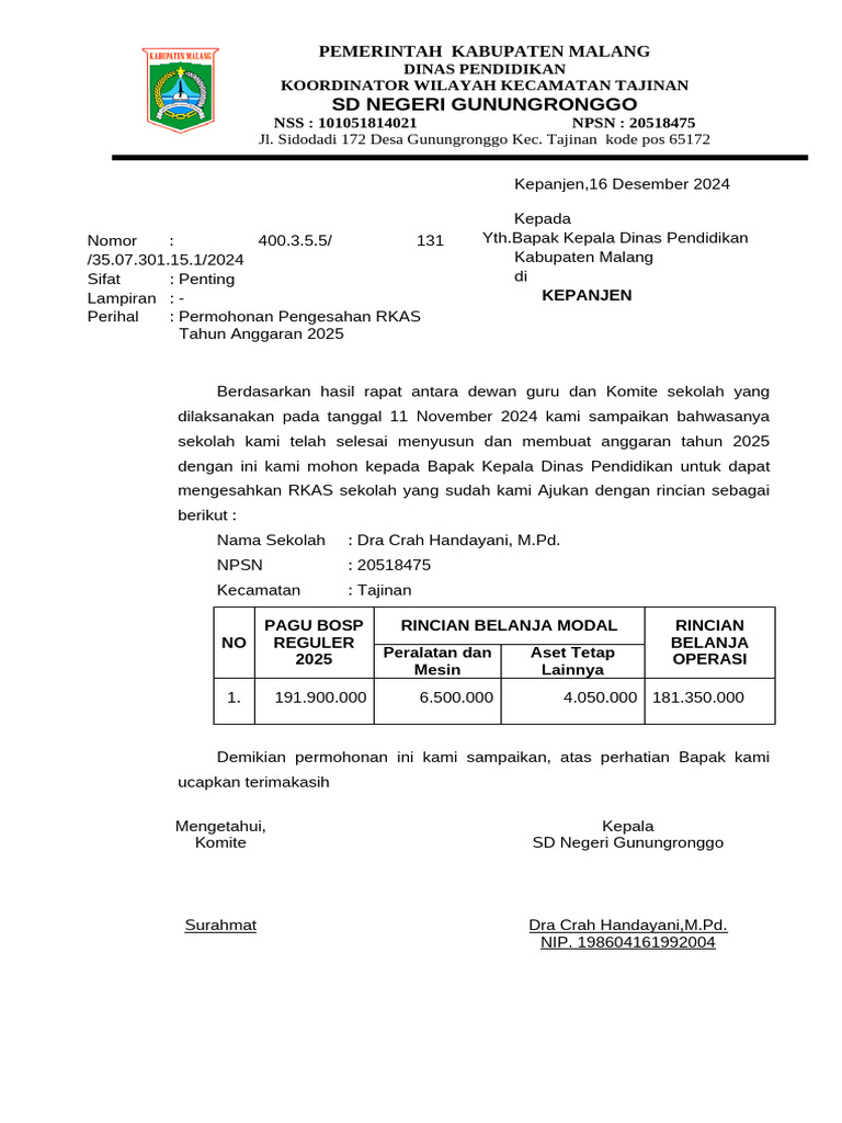 Format Permohonan Pengesahan RKAS 2025 | PDF