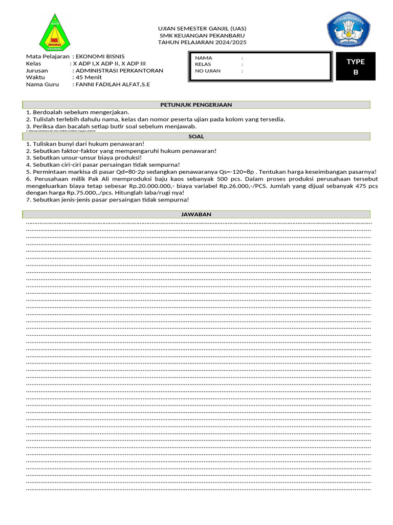 Soal Uas Type B Ekombis | PDF