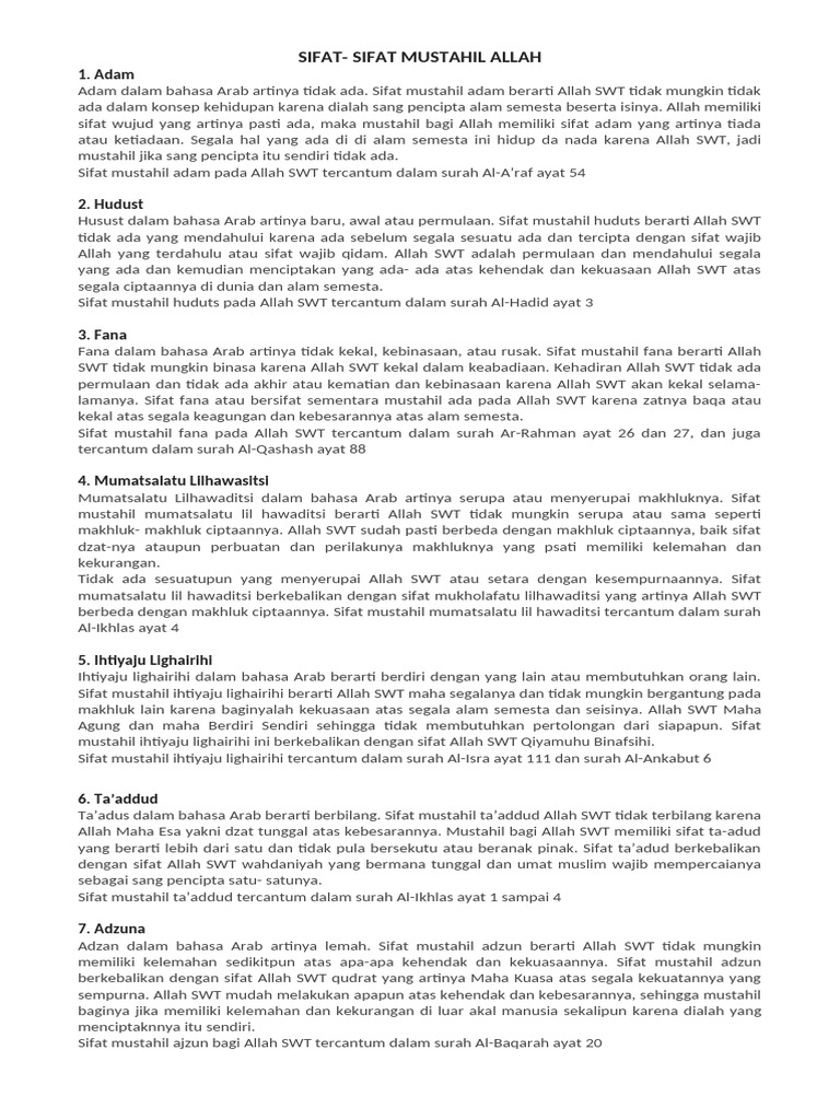 Sifat Mustahil Allah SWT | PDF