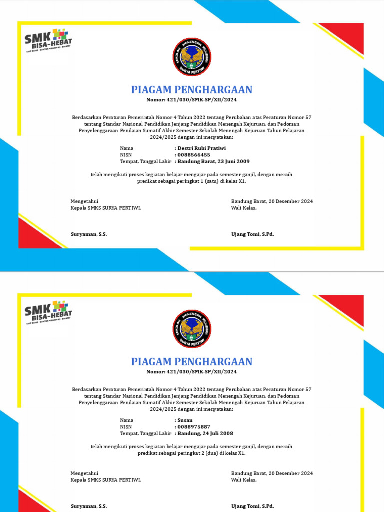 Contoh Piagam Peringkat Kelas | PDF