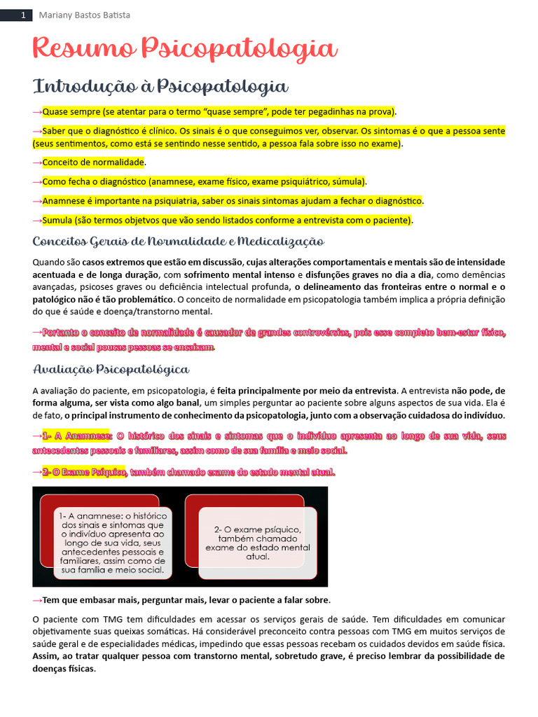 Resumo Psicopatologia AV1 | PDF | Memória | Psicopatologia