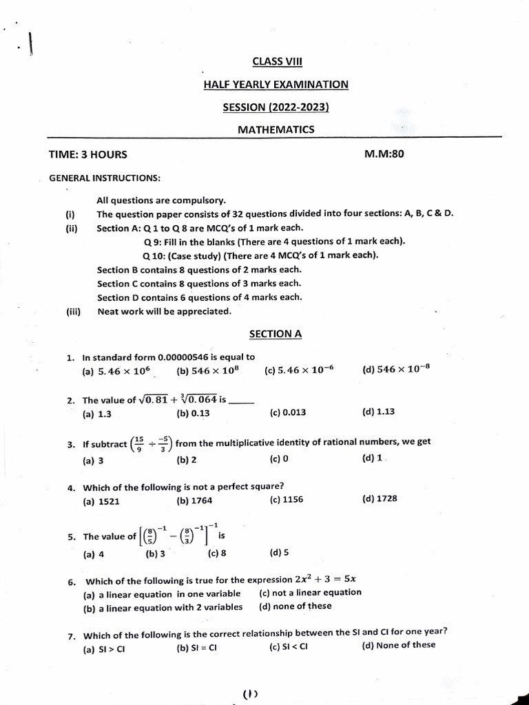 Class 8 Maths Half Yearly | PDF | Equations | Numbers