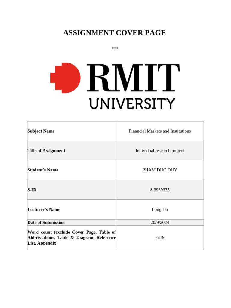 Pham Duc Duy S3989335 FINMA A3 | PDF | Banks | Investing