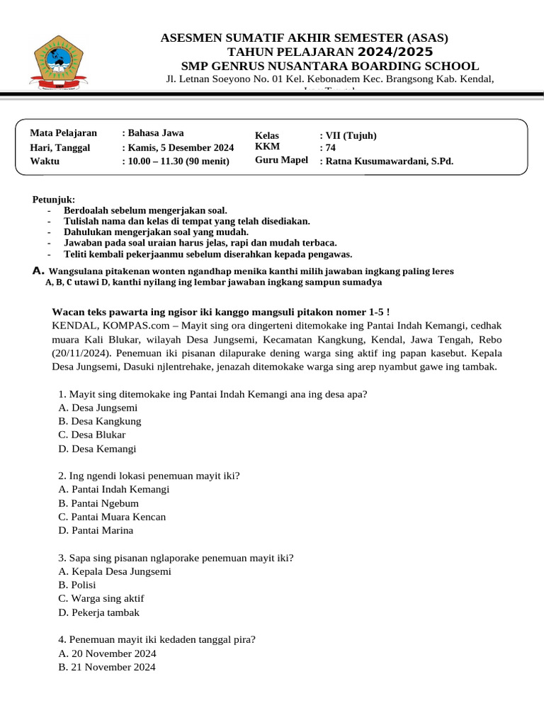 Soal ASAS BJ 7 2024 | PDF