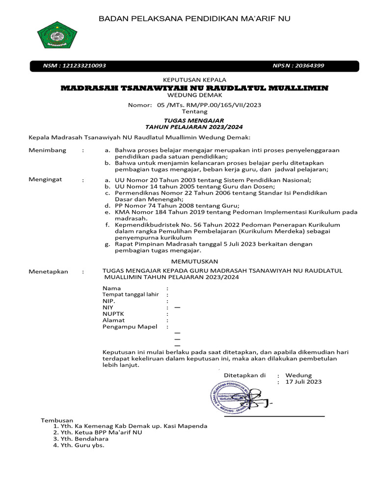 SK Pembagian Jam - Agus 2023 | PDF