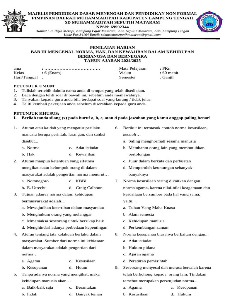Soal UH PKN Bab 3 Kelas 6 2024-2025 2 | PDF